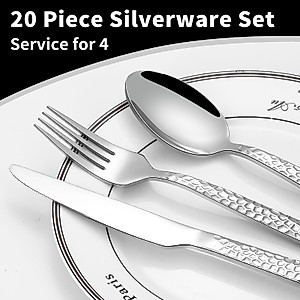 20-Piece Hammered Silverware Set, Food-Grade Stainless Steel Flatware Set for 4, Cutlery Set, Home Kitchen Utensil Set, Include Knifes Forks and Spoons Silverware Set, Mirror Finish, Dishwasher Safe
