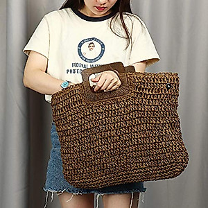 Women's Straw Tote Bag Handbags Beach Bag Exquisite Woven Fashion Large Rectangle Top Handle Bag Shopper Bag (Coffee Color)