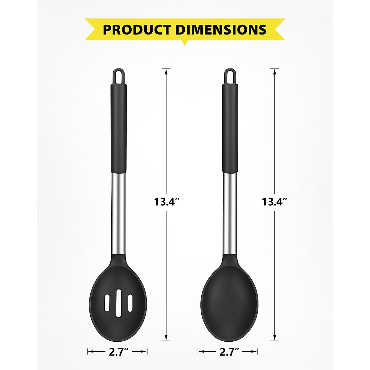 2 Pcs Silicone Cooking Spoons, Solid and Slotted Spoon Set, Non-Stick BPA Free Heat-Resistant Basting Kitchenware for Soup, Serving, Draining, Stirring（Black）
