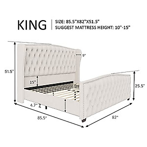 AMERLIFE King Size Platform Bed Frame, Velvet Upholstered Bed with Deep Button Tufted & Nailhead Trim Wingback Headboard/No Box Spring Required/Cream