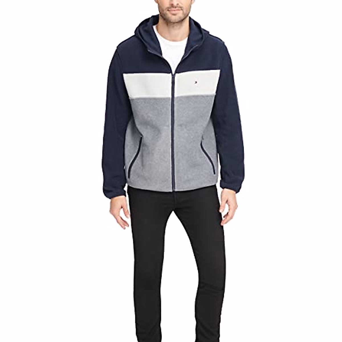Tommy Hilfiger Men's Hooded Polar Fleece Jacket, Navy/White/Light Grey, Large