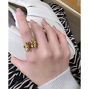 Vintage Daisy Flower Stainless Steel Statement Open Ring for Women Girls Polished Comfort Fit Filigree Hawaiian Sunflowers Adjustable Promise Band Rings Birthday Holiday Gifts BFF Mom (Gold Size 7)
