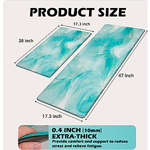 Teal Marble Kitchen Rugs Mats Sets 2 Gold Blue Turquoise Abstract Cushioned Anti-Fatigue Kitchen Floor Mat PVC Non-Slip Memory Foam Comfort Standing Mat for Sink Laundry, 17.3''x 28''+17.3'' x 47''