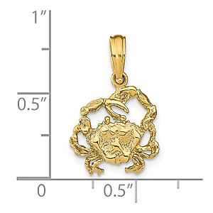 Solid 14k Yellow Gold 2-D Textured Crab Charm Pendant