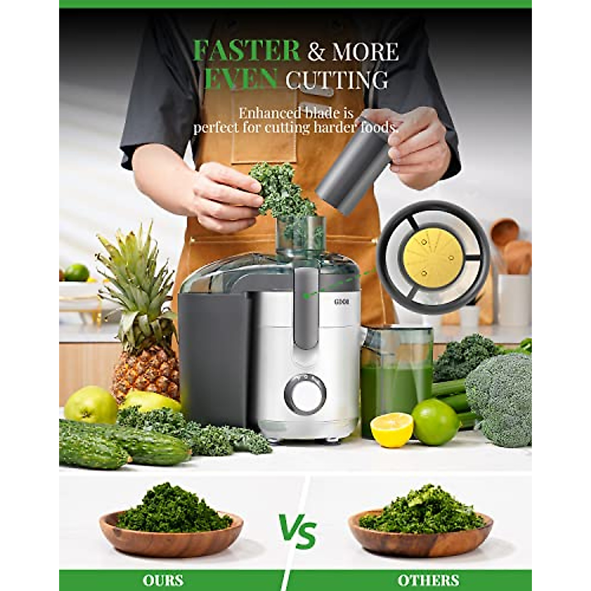 Juicer with Titanium Enhanced Cut Disc, GDOR Dual Speeds Centrifugal Juice Maker Machines with 2.5" Feed Chute, for Fruits and Veggies, Anti-Drip, Includes Cleaning Brush, BPA-Free, White