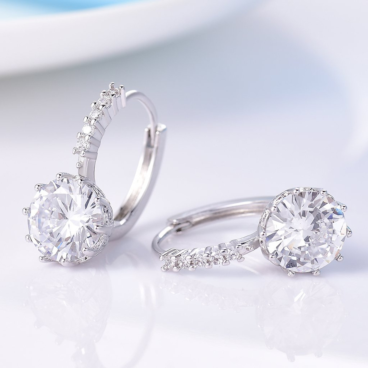 GULICX Silver Tone White Cubic Zirconia Round Jewellery Hoop Lever Back Huggie Earrings