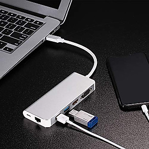 PANUSBGHUB USB 3.0 Hubs 6 in 1 Type C Hub Type-C to HDMI VGA RJ45 Dual USB3.0 PD Charging Port Adapter Cable Converter for Laptop MacBook(Silver) (Color : Black)