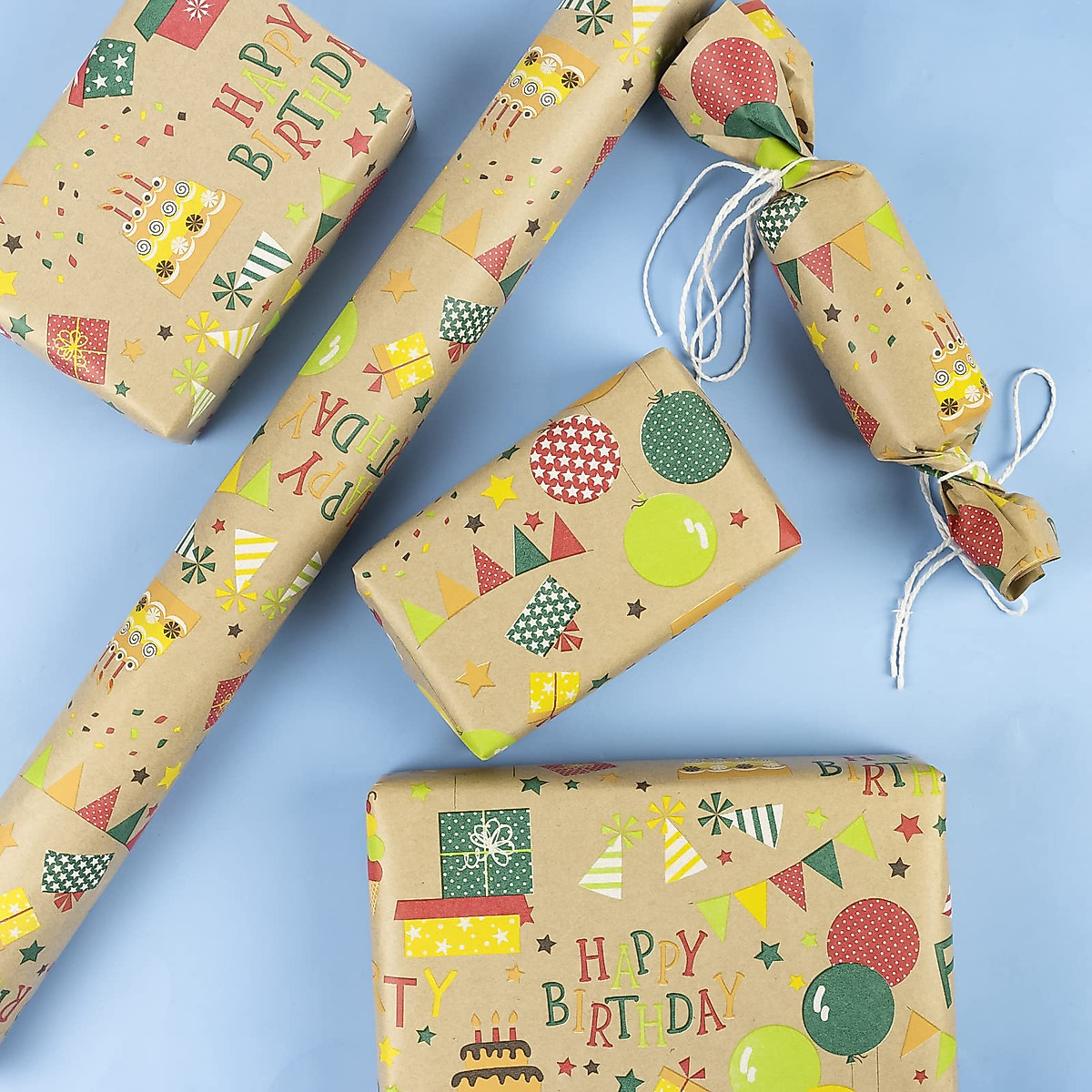 RUSPEPA Kraft Wrapping Paper Roll - Birthday Party Pattern - 30 Inches x 100 Feet