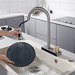 WTEZRSRGG Kitchen Faucet Pull Out, Big Waterfall Kitchen Sink Faucet with 3 Functions Sprayers, Single Hole Sink Mixer Kitchen Tap with Rotate Button,Black (Color : Brushed Gunmetal)