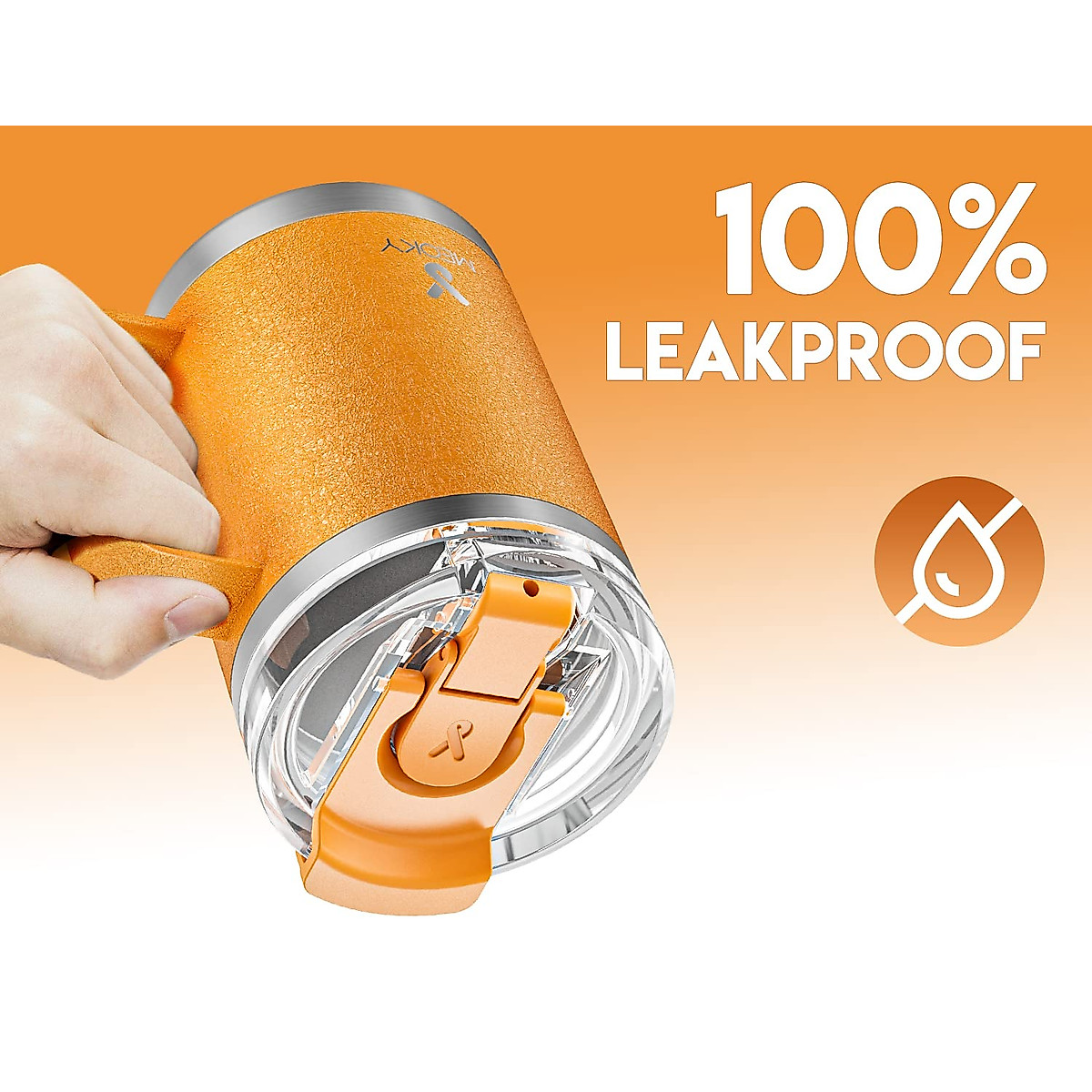 Meoky 14oz Insulated Coffee Mug with Lid and Handle, 100% Leak Proof Stainless Steel Coffee Cup with Tritan Lid, Double Wall Vacuum Coffee Tumbler with Handle (Peach)