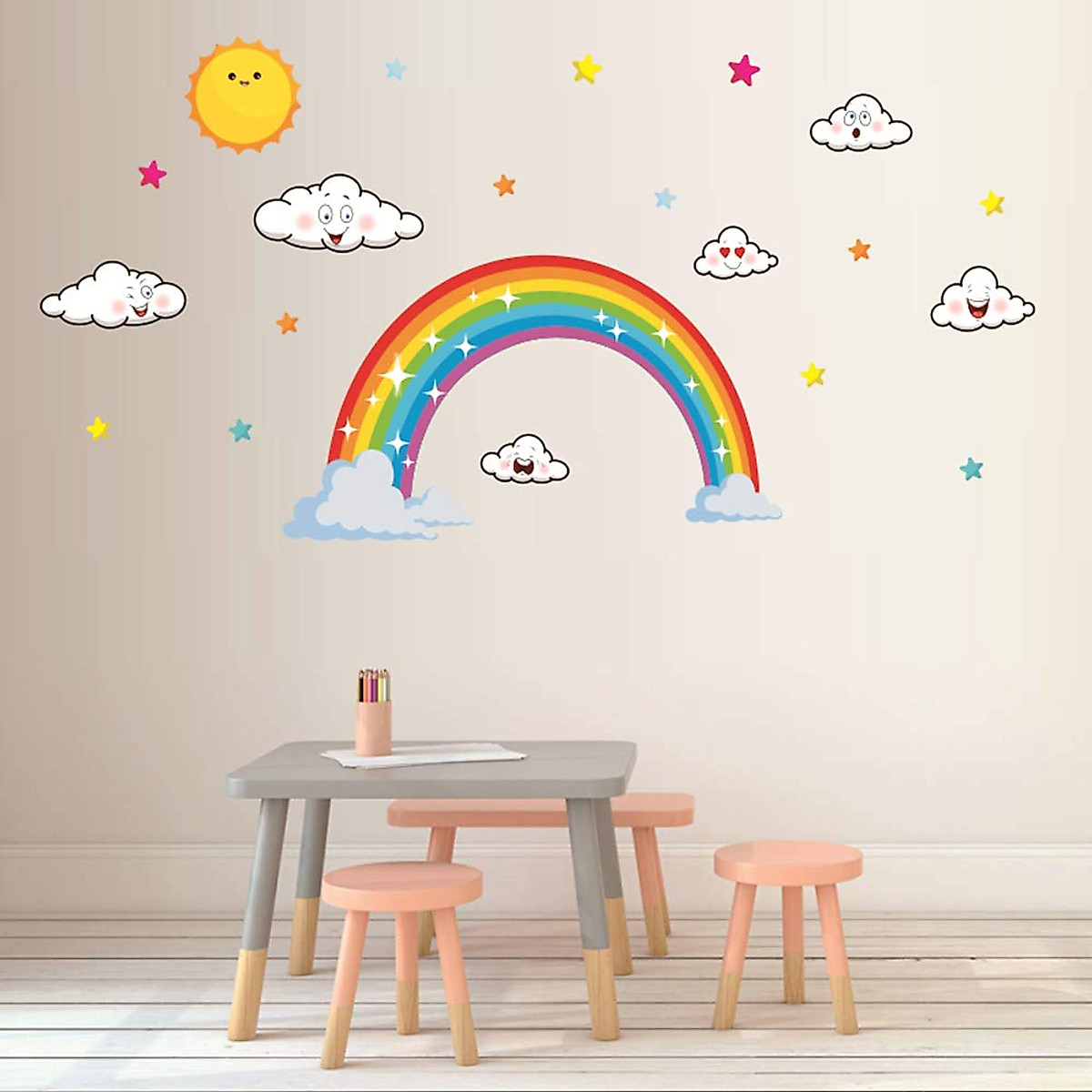 Mendom Rainbow,Sun and Clouds Wall Decals, Peel and Stick Removable Wall Stickers for Kids Nursery Bedroom Living Room,Wall Decor 28.7x15.7inch