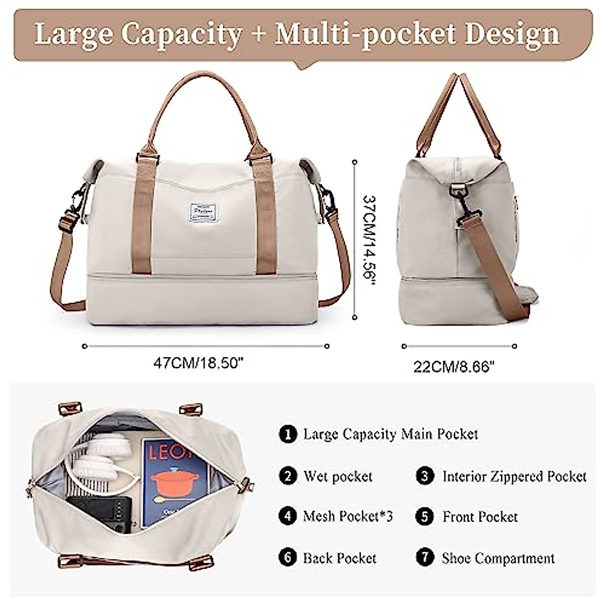 Weekender Bags for Women, Personal Item Travel Bag with Shoes Compartment, Overnight Travel Duffel Bag with Wet Pocket & Trolley Sleeve,Gym Bag,Beige & Brown