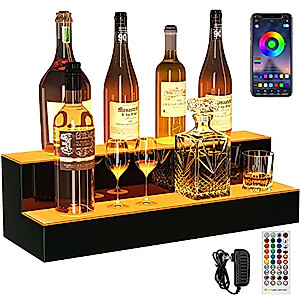 YITAHOME LED Lighted Liquor Bottle Display Shelf, 2-Step 24-inch Bar Liquor Alcohol Shelf for Home Counter Party, Acrylic Mounted Whiskey Rack Stand with Remote & App Control