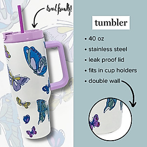 Vera Bradley 40 Ounce Tumbler with Handle and Straw, Double Wall Stainless Steel Insulated Tumbler, Cupholder Friendly 40 oz Cup, Metal Tumbler for Hot or Cold Drinks (Wing Study)