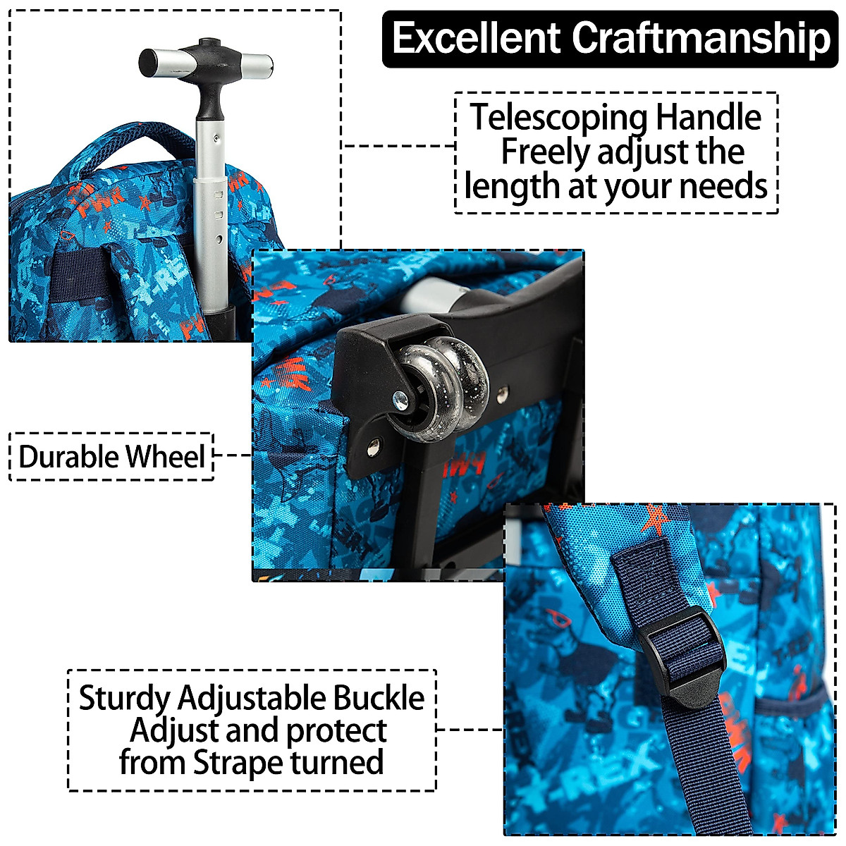 Jasminestar Rolling Backpack for Girls 18inch with Lunch Bag and Pencil Case, Lightweight School Bookbags for Boys and Girls