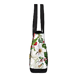 bisibuy Christmas Flowers Berries Tote Bag Tote Bag for Women Reusable Grocery Shopping Cloth Bags with Zipper Large Capacity Foldable Handbag Gym Bag for Gift Activity