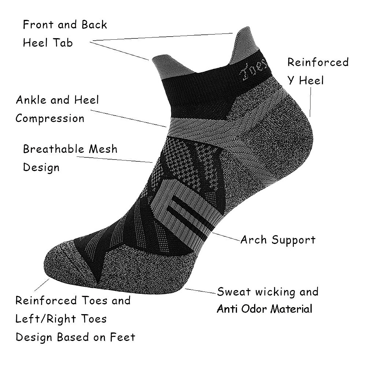 Toes&Feet Men's 5-Pack Black Anti Odor Quick Dry Thin Ankle Running Socks, L