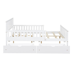 Full Bed Frame with Storage Drawers and Fence Rails, Wood Platform Beds with Headboard and Slat Support for Kids Boys Girls Teens, No Box Spring Needed, Full Size, White