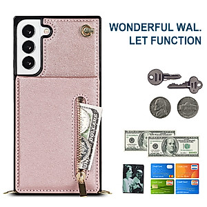 Tncavo Crossbody Wallet Case for Samsung Galaxy S22 for Women, RFID Blocking Card Holder PU Leather Zipper Handbag Purse Phone Cover with Lanyard Strap for Samsung Galaxy S22 XKL Pink