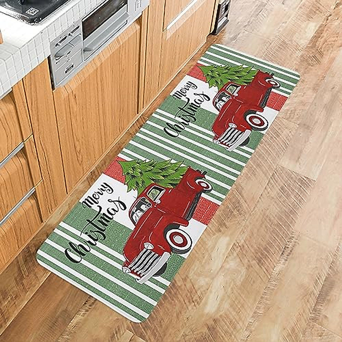 Merry Christmas Kitchen Mat Rug 1 PCS Red Truck with Xmas Tree Cotton Linen Texture Runner Rug Anti-Fatigue Comfort Memory Foam Standing Mat Non-Slip Floor Door Mat for Bathroom Bedroom 24x71in
