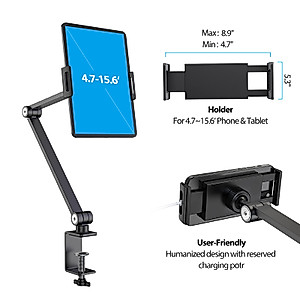 BEWISER iPad Desk Mount, Tablet Holder for Desk or Bed,Rotate 360 Degrees of Flexible, Height and Angle Adjustable, Aluminium Alloy Arm Clamp Mount Compatible with4.7-15.6" Screen (Space Gray)