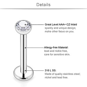 SCERRING 12PCS 16g Stainless Steel 2-4.5mm Clear CZ Internally Threaded Tragus Daith Cartilage Helix Earring Ring Body Piercing Jewelry 6mm - Silver