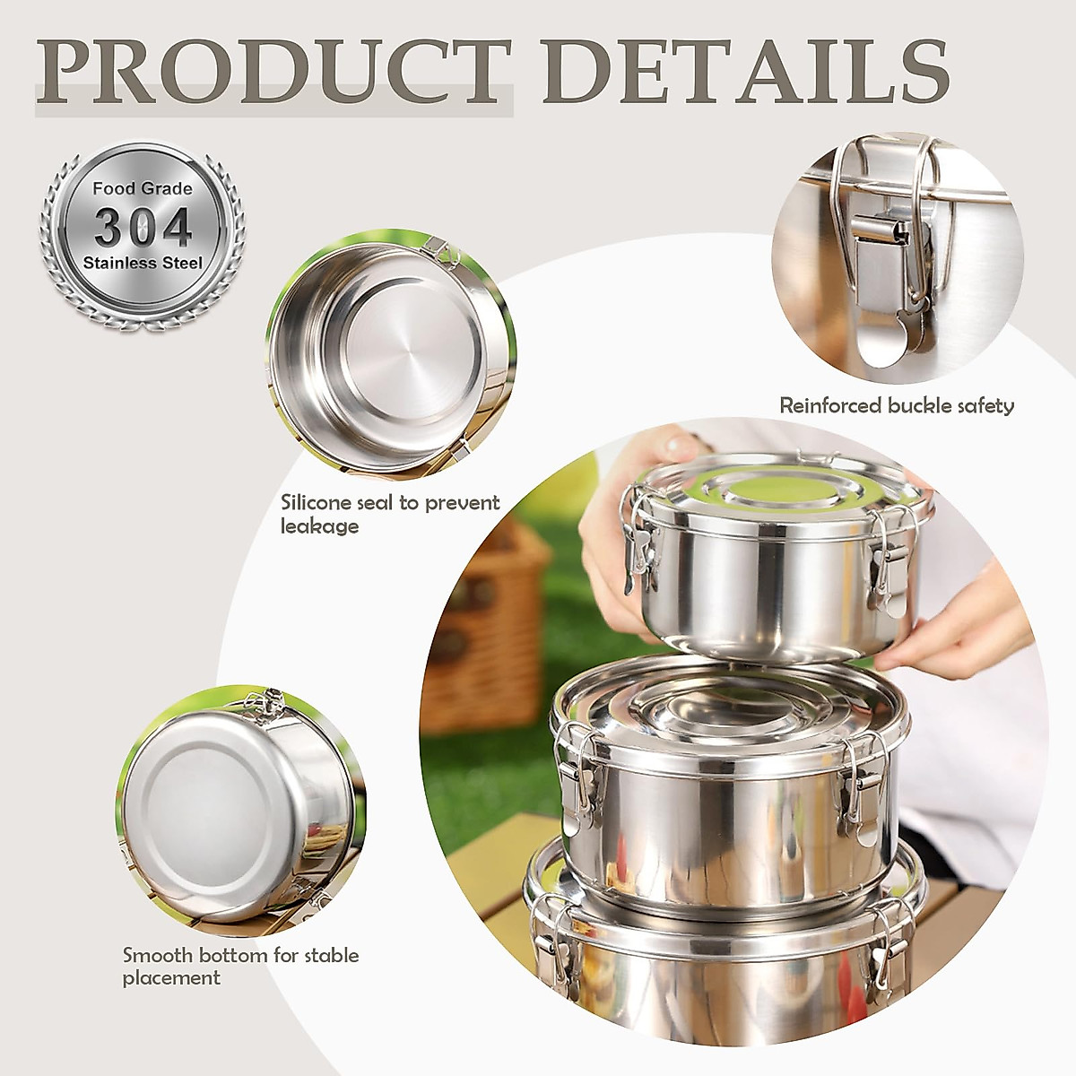 6 Pcs 304 Stainless Steel Food Storage Containers with Lid Bento Lunch Box Kimchi Containers Leak-Proof Reusable Flat Canister Food Box for Camping Trip Picnic Soup Salad,3 Size(22oz, 35oz, 54oz)