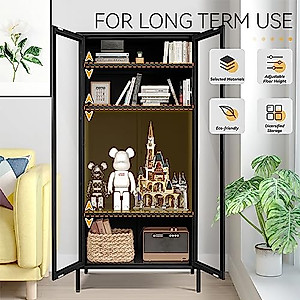 Greenvelly Metal Storage Cabinet, Black Display Curio Glass Storage Cabinet with Glass Doors and 4 Shelves, Tall Glass Bookcase Cabinet Modern Bookshelf Cabinet for Home Office, Living Room, Pantry