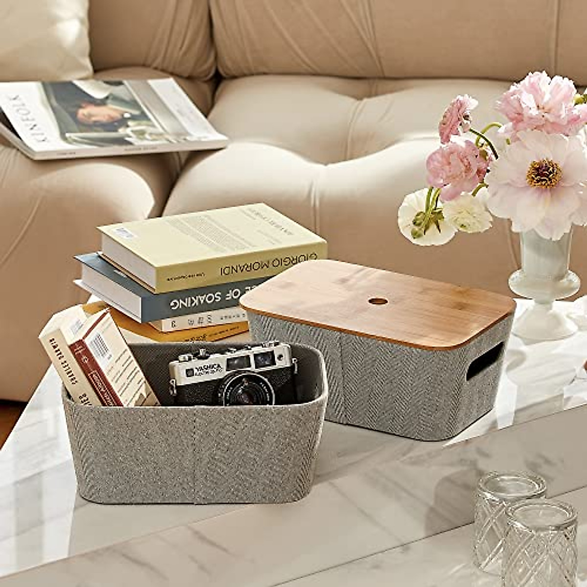 LA JOLIE MUSE Modern Basket with Bamboo Lids, Mid-Century Stackable Storage Basket Bins for Shelves Office Home Organizing, Decorative Tweed Fabric Organizer Container Set of 2, Light Grey