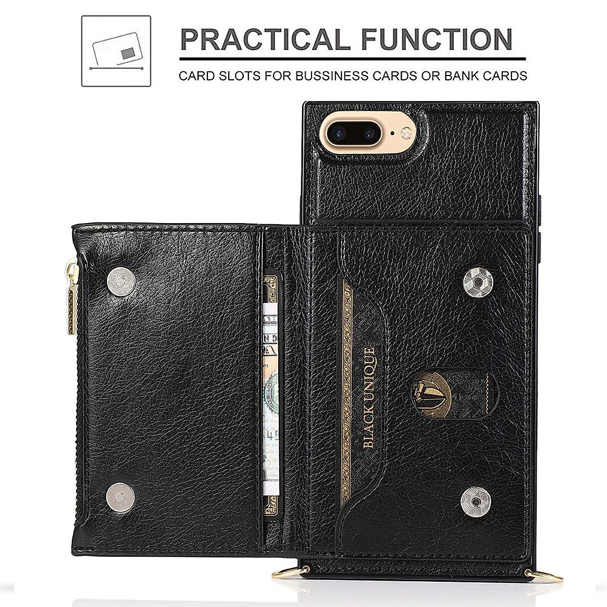 UEEBAI Case for iPhone SE 2022 5G/iPhone 7/iPhone 8/iPhone SE 2020, PU Leather Zipper Wallet Case with Card Holder Slots Crossbody Wrist Strap Kickstand Flip Case Cover for iPhone SE3/SE2 - Black