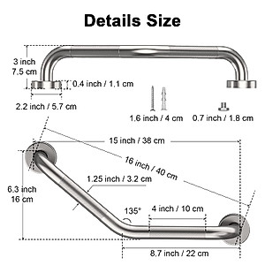16 Inch Angled Shower Grab Bar, Munzong 2 Pack Anti Slip Satin Brushed Nickel Bathroom Grab Bar, Knurled Bathroom Balance Bar,Safety Hand Rail Support Handicap Elderly Injury Senior Assist Bath Handle