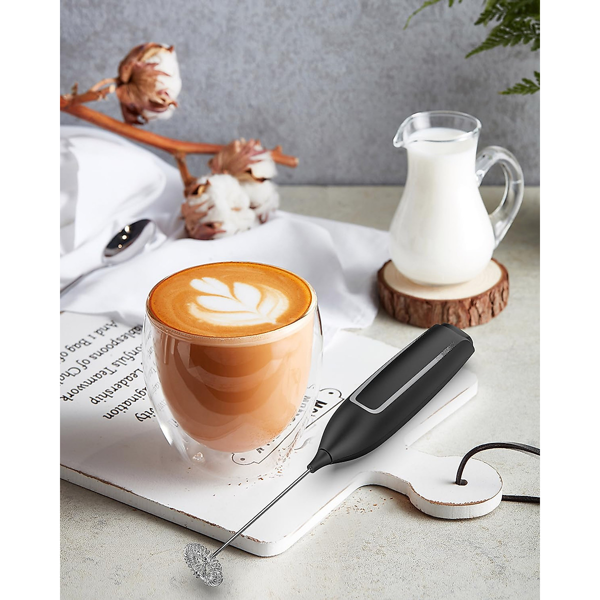 Milk Frother Handheld Battery, Electric Foam Maker Frother Wand, Drink Mixer with Stainless Steel Whisk for Coffee, Matcha, Lattes, Cappuccino Black