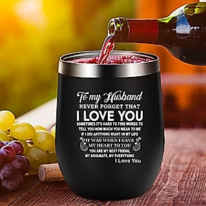 HAINANBOY Gift for Husband Wine Tumbler Anniversary Birthday Gift for Him, with Lid Stemless Double Wall Stainless Steel 12 oz Wine Glasses - Black Tumbler Present for Husband from Wife