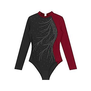 dPois Womens Gymnastics Leotards Long Sleeve Shiny Dance Ballet Performance Unitards Bodysuit Top Dancewear Burgundy Medium