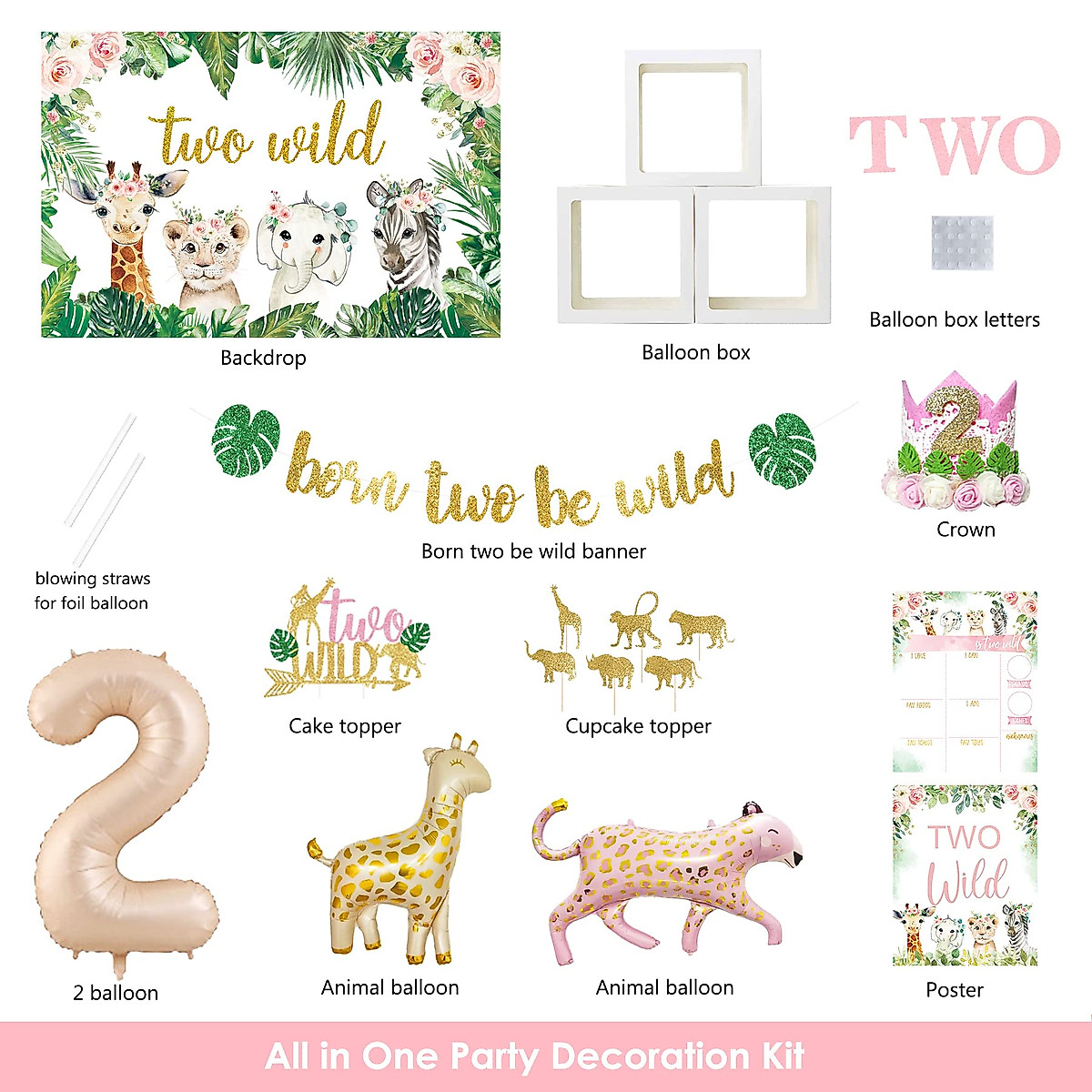 YSHMFEUX Two Wild Birthday Decorations Girl, Jungle Theme 2nd Birthday Party Supplies for Girls, Jungle Safari Animal 2nd Birthday Decorations for Girl, Second Birthday Decorations Girl