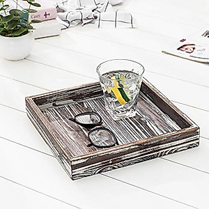 MyGift Rustic Solid Torched Wood Decorative Serving Tray, 10 Inch Square Versatile Breakfast Ottoman Coffee Table Tray Spring Tray Home Decor