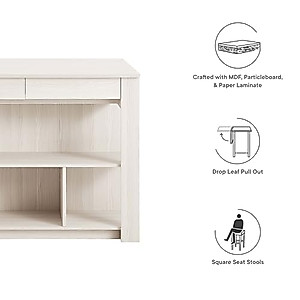 Modway Meadowbrook 3-Piece Kitchen Island with Seating and Drop-Leaf Table in White Maple - Freestanding and Small Space Kitchen Cart with Storage, Includes 2 Stools