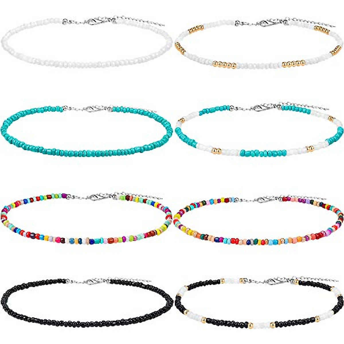 Hicarer Seed Bead Choker Necklace Tiny Beaded Choker Boho Colorful Choker Necklace Chain Jewelry for Women, Adjustable 12-16 Inches (Color Set 1, 8 Pieces)