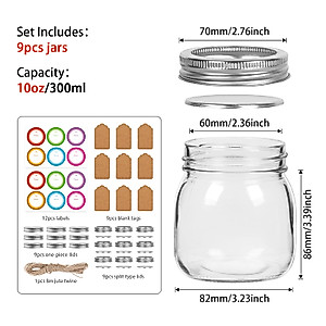 10oz Wide Mouth Mason Jars, 9 Pack Round Canning Jars with Silver Regular Lids and Bands, with EXTRA 9pcs Regular Mouth Lids for Honey, Jelly, Yogurt and Wedding Favors