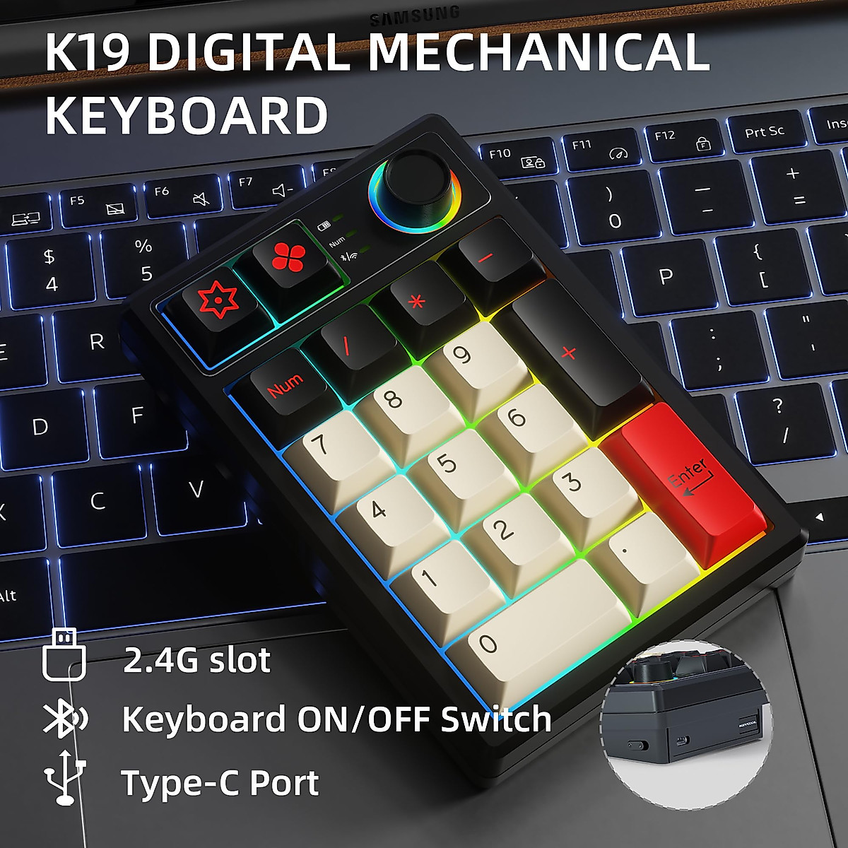 KEYCOOL K19 Wireless Numeric Keyboard, Mechanical Number Keypad Hot-swappable Bluetooth Numpad 5.0/2.4GHz, RGB Multi-Function Knob Numerical Keyboard for Laptop Mac Win iOS Android