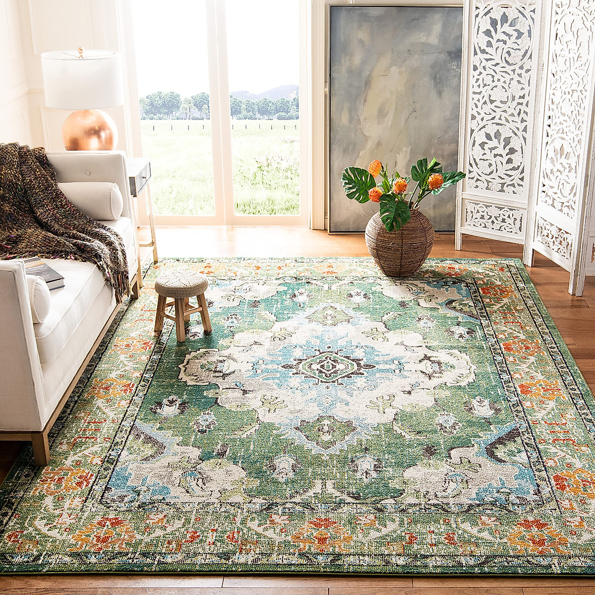 SAFAVIEH Monaco Collection Area Rug - 9' x 12', Forest Green & Light Blue, Boho Medallion Distressed Design, Non-Shedding & Easy Care, Ideal for High Traffic Areas in Living Room, Bedroom (MNC243F)