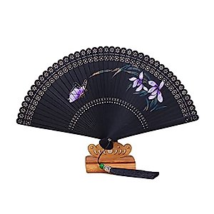 PHONME Decoration Folding Fan Folding Hand Fan for Women Orchid Pattern Bamboo Handheld Folding Fan Chinese Vintage Bamboo Fan for Wall Decoration Gift Elegant Hand Fan Vintage style (Color : Black)