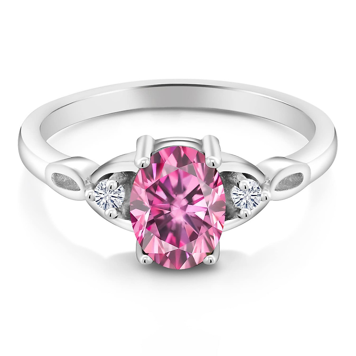 Gem Stone King 925 Sterling Silver Pink Moissanite and White Moissanite 3-Stone Rings For Women (1.46 Cttw, Gemstone, Oval 8X6MM, Available In Size 5, 6, 7, 8, 9)