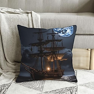 Pirate Sailboat Full Moon Print Throw Pillow Cover Corduroy Soft Pillowcase with Hidden Zipper Decorative Cushion Covers for Sofa Living Room Home Decors 18"X18"