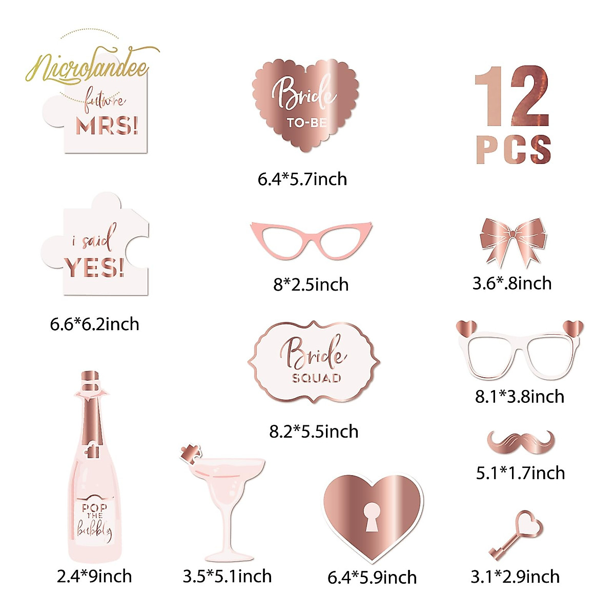 NICROLANDEE Wedding Photo Props Kit, 12 PCS Rose Gold Engagement Photo Props Accessories with Bamboo Sticks for Bride to Be Night Party, Fall Bridal Shower Wedding Favour Party Decorations