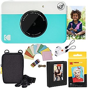 Kodak Printomatic Instant Camera Bundle (Blue) Zink Paper (20 Sheets) - Case - Photo Album - Hanging Frames.