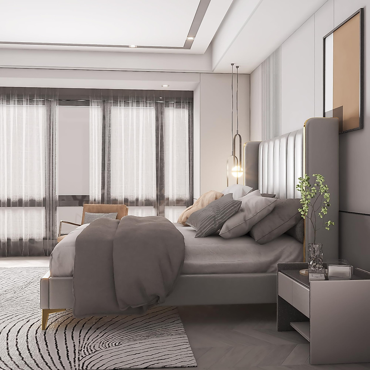 King Size Bed Frame, Upholstered Platform Bed with Tall Channel Tufted Headboard, Classic Modern Grey Mattress Foundation with Thickening Pine Wooden Slats and Metal Leg, No Box Spring Needed