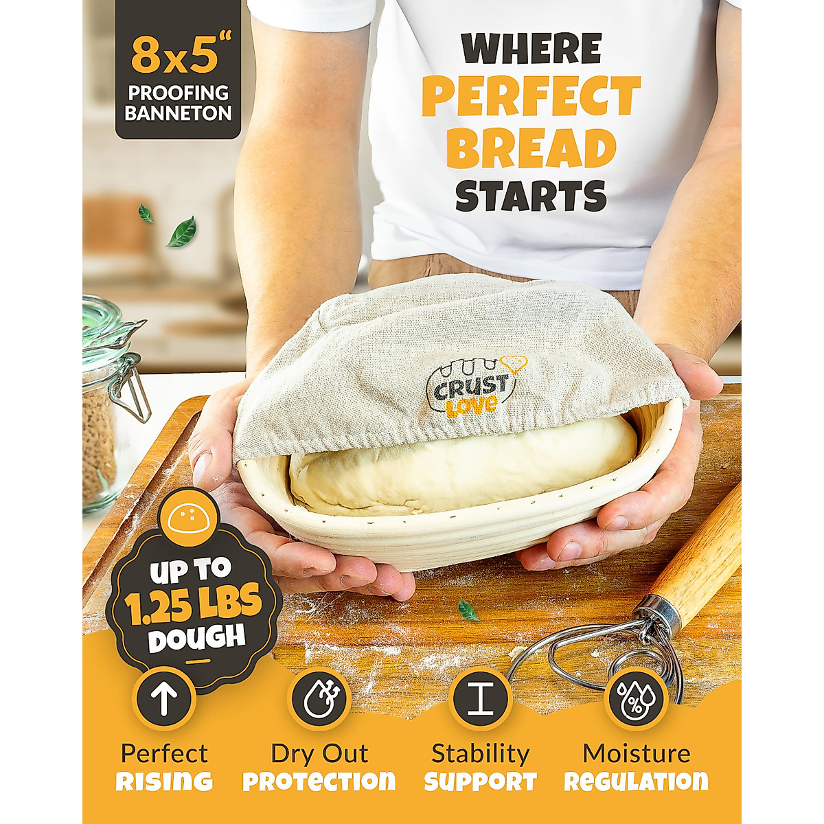 CRUSTLOVE Loaf Pan for Bread Baking - incl. Sourdough Bread Baking Supplies like Banneton Bread Proofing Basket - 2QT Enameled Oval Cast Iron Dutch Oven Bread Oven Bread Banking Scoring Tool Lame