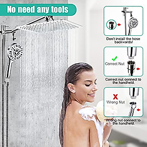 Shower Head with Handheld, 10'' High Pressure Rain Shower Head/10 Modes Handheld Shower Heads Power Wash Back with 11'' Extension Arm, Holder, 5ft Hose, Flow Regulator, Chrome, Height/Angle Adjustable