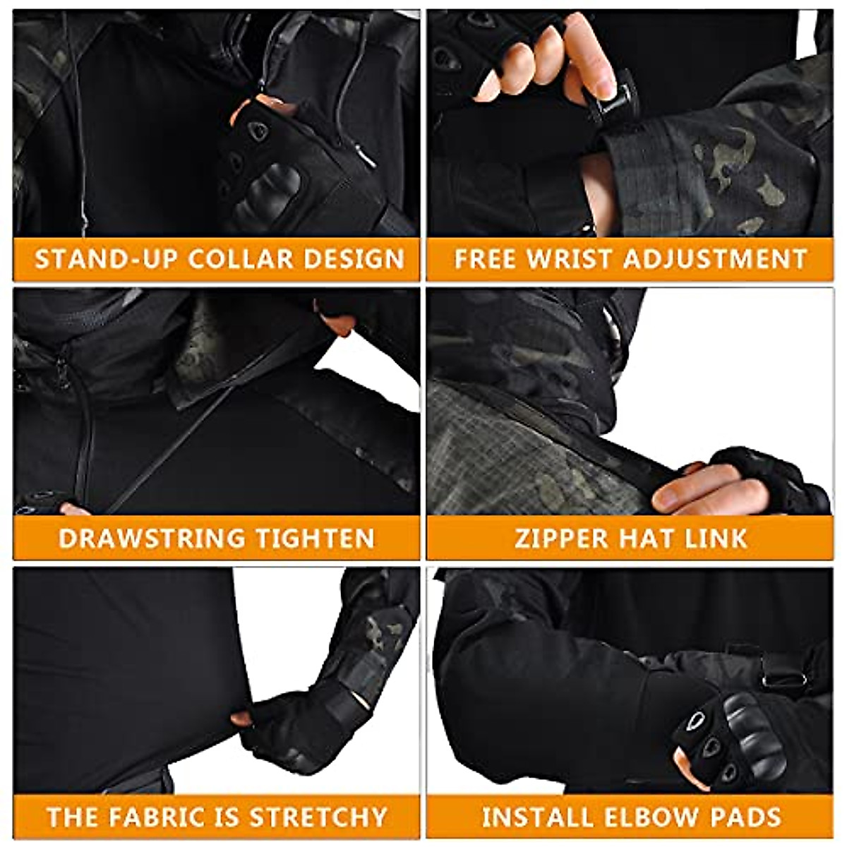 HAN·WILD Men's Tactical Shirt Combat Airsoft Long Sleeve Shirts with Elbow Pads Camo Military T-Shirt with Hood